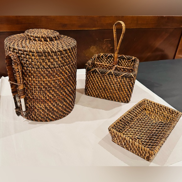 Accents | Antique Boho Brown Wicker Rattan Covered Ice Bucket Napkins ...